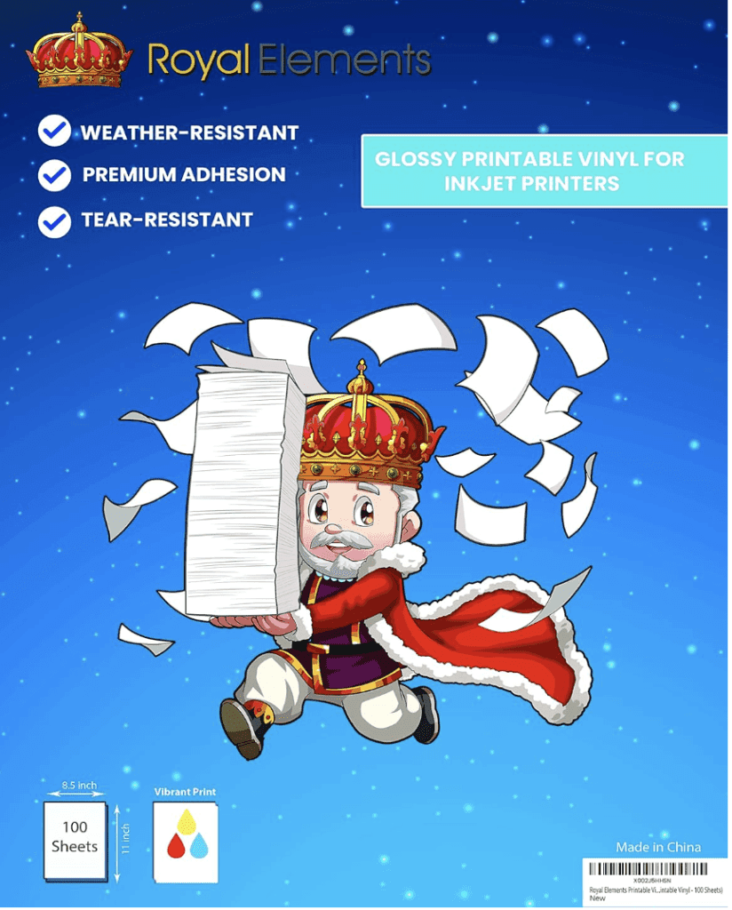 Royal Elements Printable Vinyl for Inkjet and Laser Printers – 100 Sheets